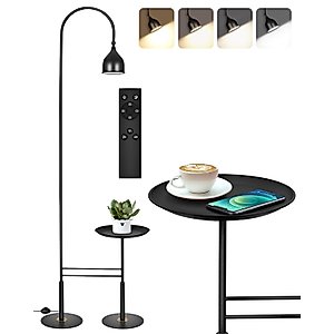 Modern Floor Lamp with Shelves -Bright Dimmable LED Floor Lamp for Living Room, Stepless Adjustable 3000K-6000K Colors & Brightness Standing Lamp with Remote, Black Reading Standing Lamp with Table