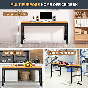 AHB 60" Rolling Workbench Adjustable Height, Oak Wood Work Table with Power Outlets, Max 2000 LBS, Heavy Duty Workstation for Garage Office Home, with Wheels & Feet(Black 60"x 22")