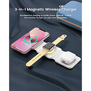 CYBORIS Wireless Charger 3 in 1, 15W Charging Station Magnetic Foldable, Wireless Charging Station for Multiple Devices Compatible with iPhone, Samsung, AirPods 3/2/Pro, iWatch (Adapter Included)