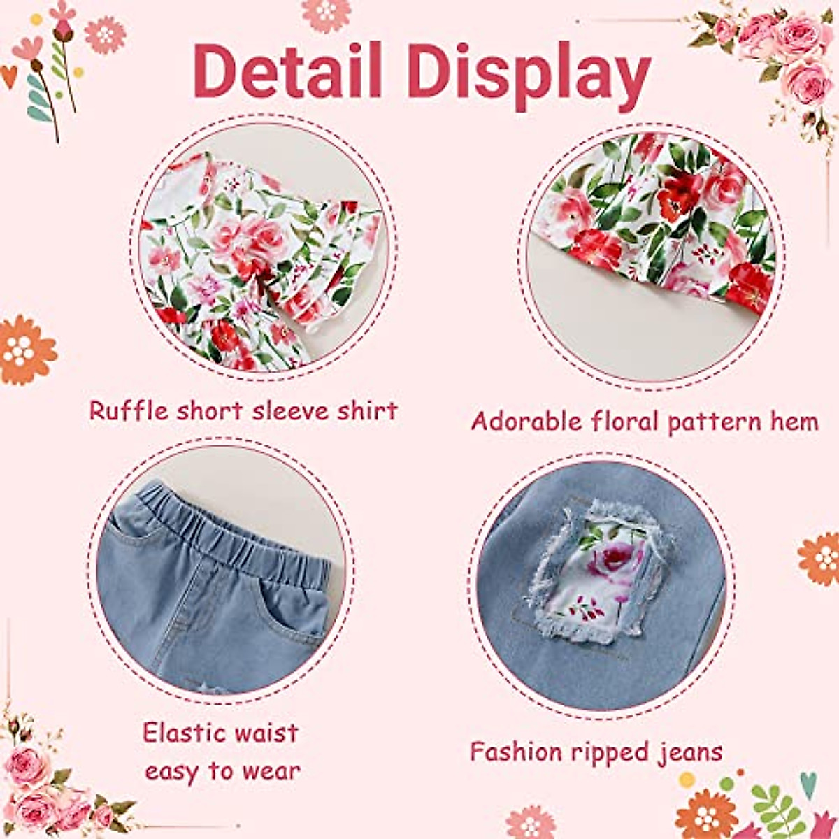 Hearyoo Baby Girl Clothes Infant Toddler Denim Ruffle Sleeve Floral Shirts Tops Ripped Jeans Pants Sets Summer Girl Outfits Red Flower 18-24 Months