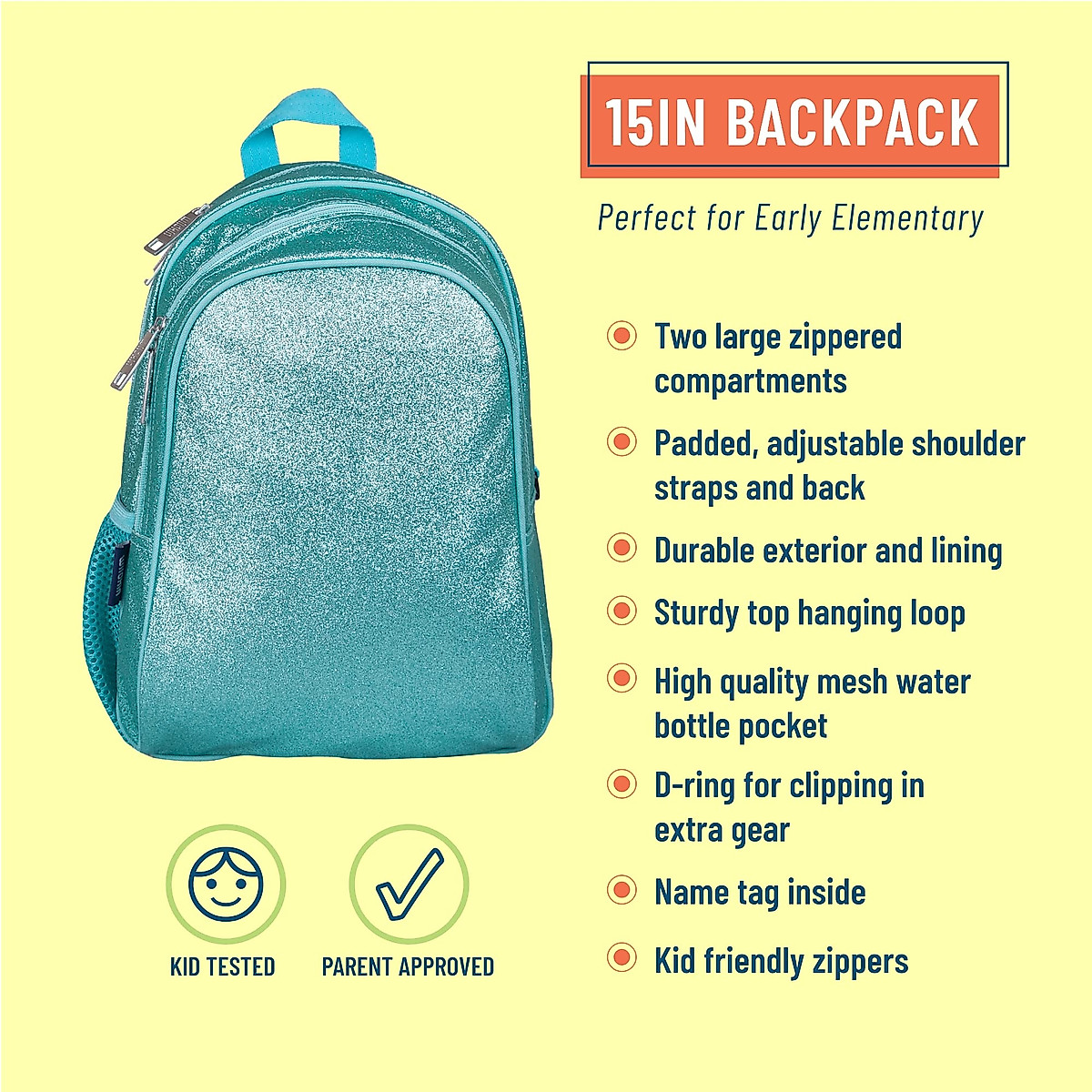 Wildkin 15-Inch Kids Backpack for Boys & Girls, Perfect for Early Elementary, Backpack for Kids Features Padded Back & Adjustable Strap, Ideal for School & Travel Backpacks (Blue Glitter)