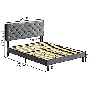 HOMBCK Upholstered Bed Frame Full with Velvet Button Tufted & Nailhead Trim Headboard, Full Bed Frame No Box Spring Needed, Wooden Slats Support, Mattress Foundation, Easy Assembly, Grey