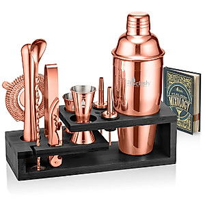 ROCKSLY MIXOLOGY BAR Set Premium Bartender Kit, Rectangular Tool Stand, Cocktail Shaker Strainer, Jiggers, Spoon, Tongs, Muddler, Pourers, Opener 10 Pc