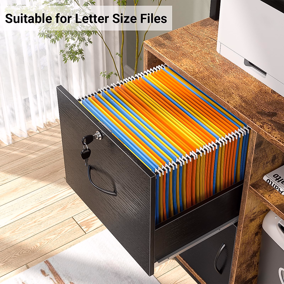 Homieasy Vertical Filing Cabinet with Lock & Charging Station, Large Drawer Wood File Cabinet with Bookshelf, Printer Stand with Open Storage Shelf, fits Letter Size for Home Office, Black and Rustic