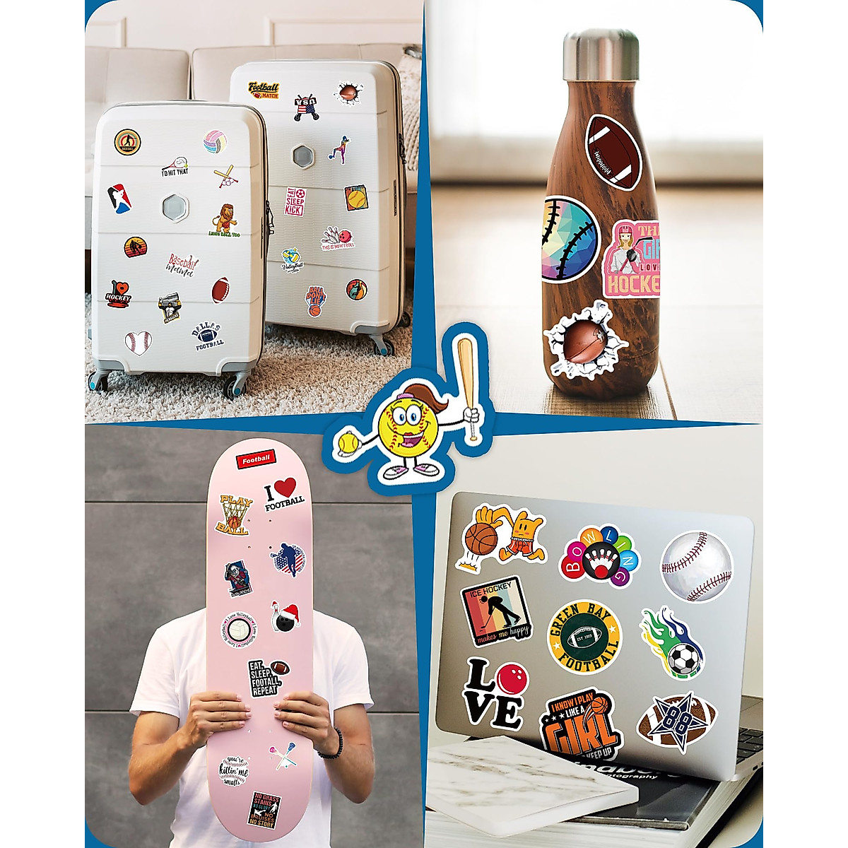 pcnearty 300 Pcs Sport Stickers for Kids, Water Bottle Stickers, Cute Vinyl Waterproof Hydroflask Phone Skateboard Laptop Stickers, Bulk Sticker Packs for Boys Girls Teens Adults