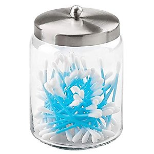 iDesign Forma Bathroom Vanity Glass Apothecary Jar for Cotton Balls, Swabs, Cosmetic Pads - Clear/Brushed Stainless Steel