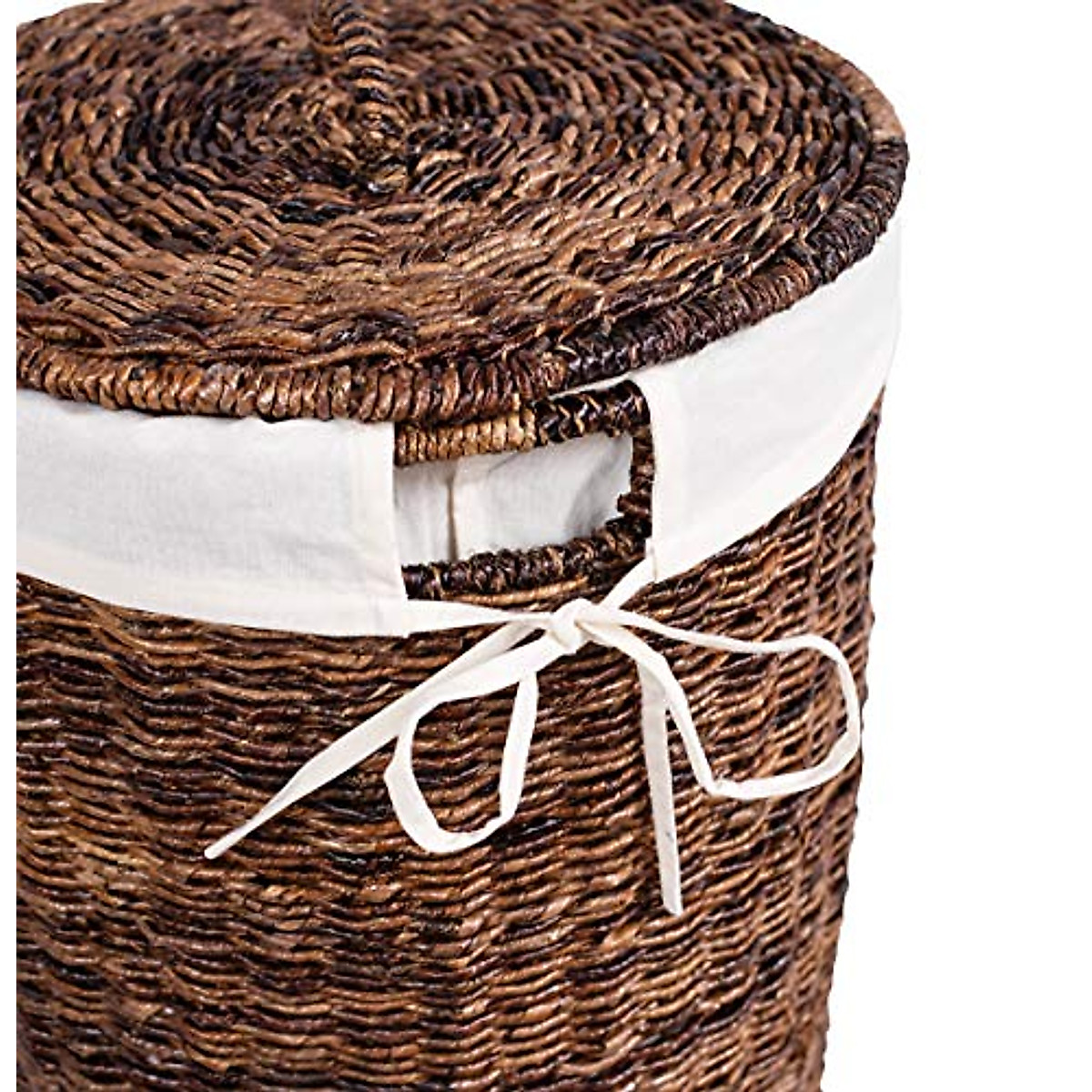 BirdRock Home Abaca Laundry Hamper with Liner - Round Clothes Bin with Lid - Organize Laundry - Cut-Out Handles for Easy Transport - Includes Machine Washable Canvas Liner (Espresso)