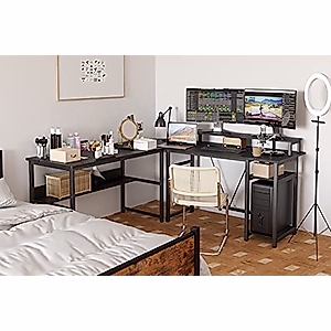 IRONCK L Shaped Desk Drafting Table with Storage Shelves, Corner Table with Tiltable Tabletop and Printer Monitor Shelf Multi-Usage Large Office Desk Workstation, Black