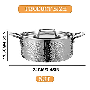 Vivicreate Tri-Ply Stainless Steel Stockpot, Deep Cooking Pot with Lid, Hammered Exterior, Silver (5 Quarts)