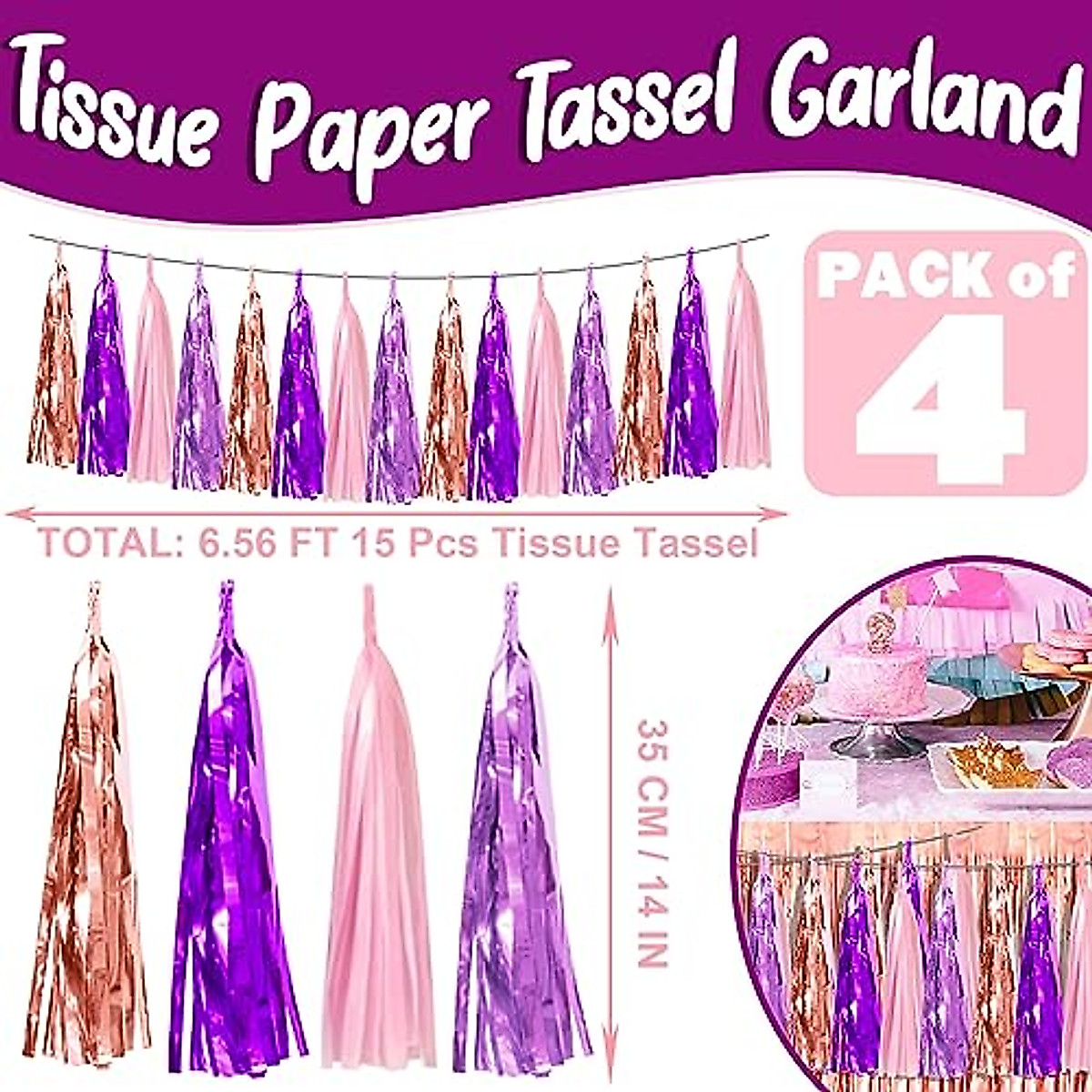 4P Pink-Purple Rose-Gold Party-Decorations Tassel Garland, Tassels Banner Streamers for Parade Floats, Bachelorette, Wedding, Birthday, Halloween, Christmas,