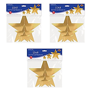 Beistle , 9 Piece 3-D Foil Star Centerpieces, 3" - 8" (Gold)