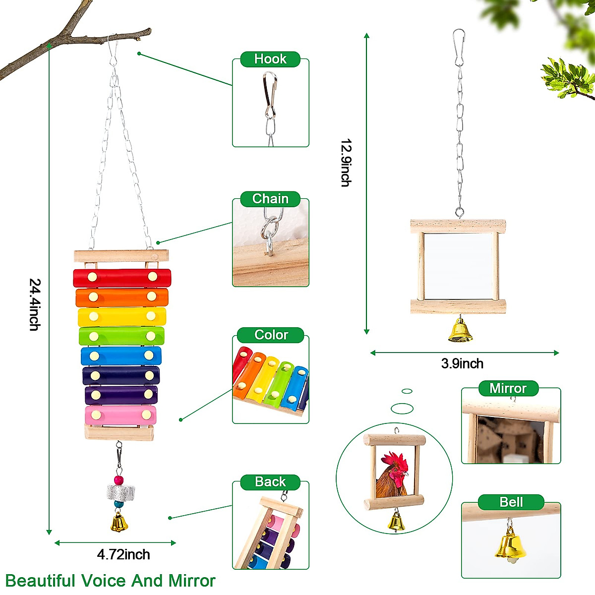 Hipykat 6 Packs Chicken Toys Set - with Chicken Xylophone Toy, Chicken Mirror, Chicken Ladder Bridge, Coop Swing, Vegetable Hanging Chicken Feeder, Chewing Foraging Toys, Accessories for Hens