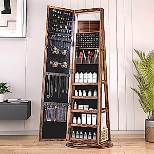 OUTDOOR DOIT 360° Rotating 67'' Jewelry Armoire with 6 LEDS, Full Length Mirror Large Capacity Jewelry Organizer Armoire, Lockable Floor Standing Mirror with Back Storage Shelves