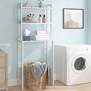 Launica Over Toilet Storage Shelf, Industrial Metal Bathroom Shelves Over Toilet, Modern Wooden 3 Tier Above The Toilet Storage Rack, Freestanding Space Saver Bathroom Organizer Over Toilet, White Oak