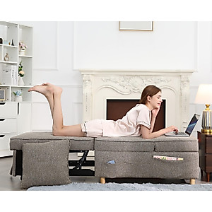 SEJOV Sleeper Sofa Chair Bed,4-in-1 Convertible Sofa Bed Chair with 6 Adjustable Backrest and Pillow, 3-Seat Pull Out Sleeper Chair Linen No Backrest for Bedroom Small Space Living Room, Grey Brown