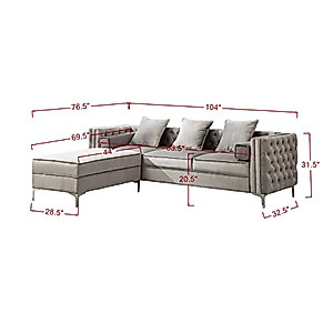 Legend Vansen Reversible L Shaped Velvet Sofa Chaise with Ottoman for 3seats Large Size Sectional, Grey