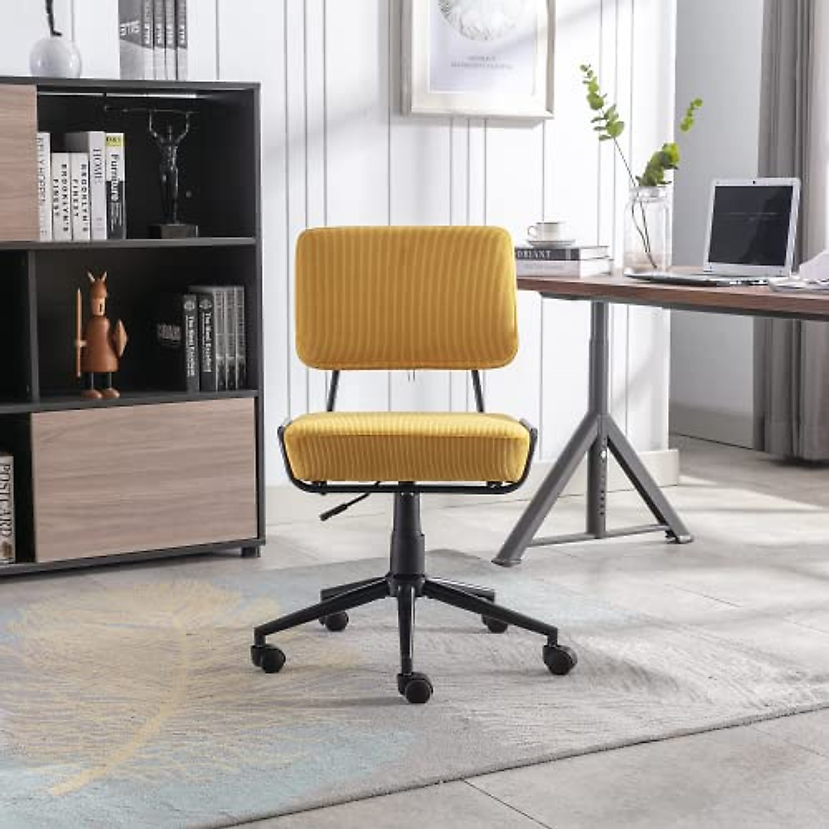Wekity Corduroy Desk Chair Task Chair Home Office Chair Adjustable Height, Swivel Rolling Chair with Wheels for Adults Bedroom Study Room (Yellow)