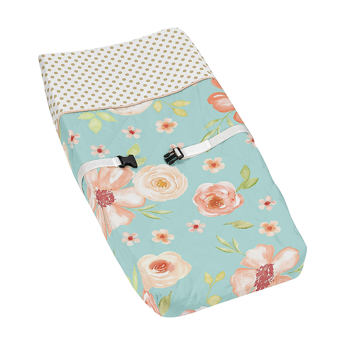 Sweet Jojo Designs Turquoise, Peach and Gold Changing Pad Cover for Watercolor Floral Collection - Pink Rose Flower