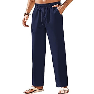 COOFANDY Mens Pants Linen Flat Front Lounge Summer Vacation Loose Fit Trousers Navy Blue