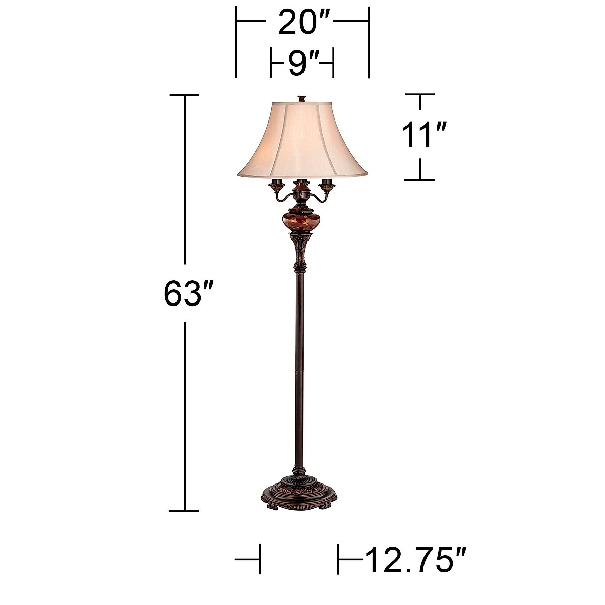 Barnes and Ivy Traditional Standing Floor Lamp Multi 4-Light 63" Tall Antique Bronze Copper Gold Tortoise Glass Font Fabric Bell Shade Candelabra Decor for Living Room Reading House Bedroom