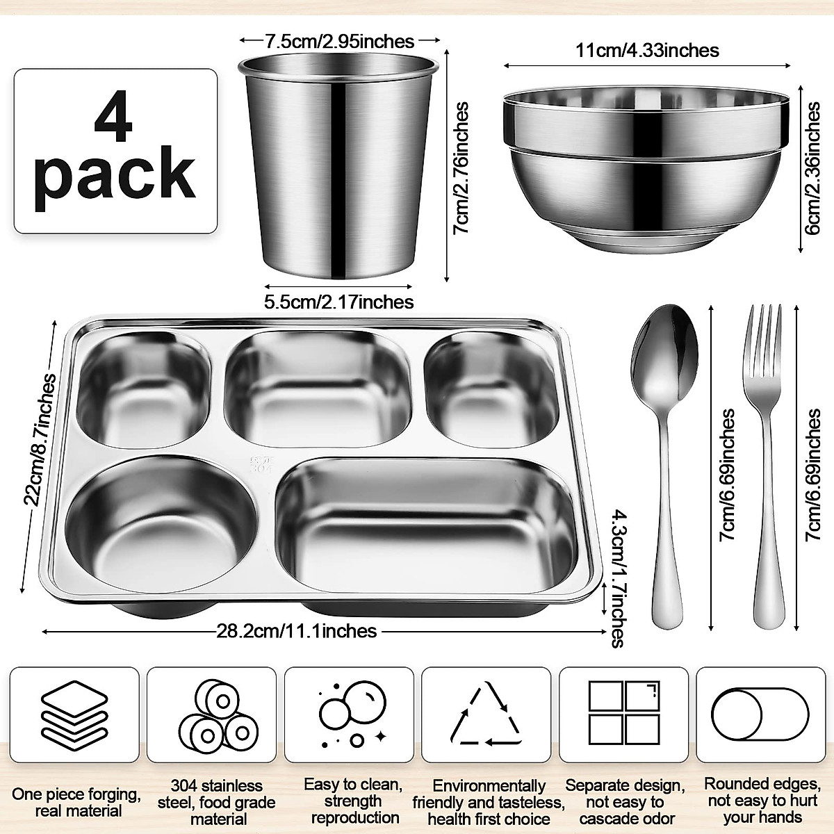 20 Pcs Stainless Steel Dinnerware Set, Including Stainless Steel Rectangular Divided Dinner Tray Spoons and Forks Set Silver Stainless Steel Cups and Stainless Steel Bowl for Home Kitchen Restaurant