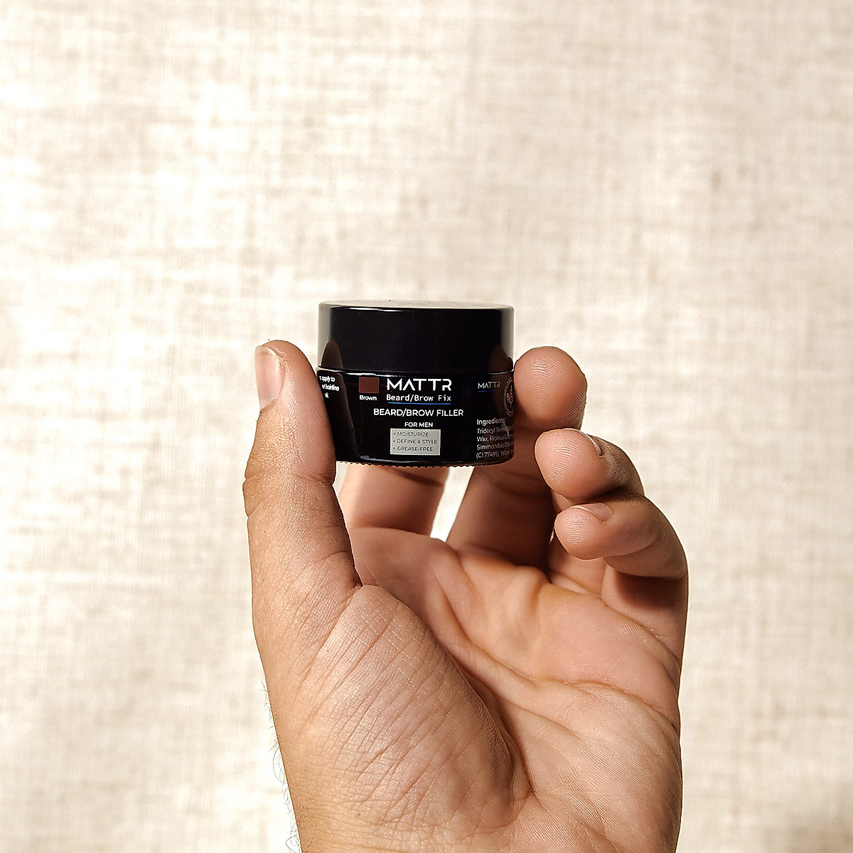 MATTR Beard/Brow Fix - Cosmetic Solutions for Men - Hair Filler and Growth Promoting Dye for Patchy Beards, Grey Hair Coverage, Hairlines & Eyebrows - Vegan Makeup - Travel-Size Jar - 15g (Brown)