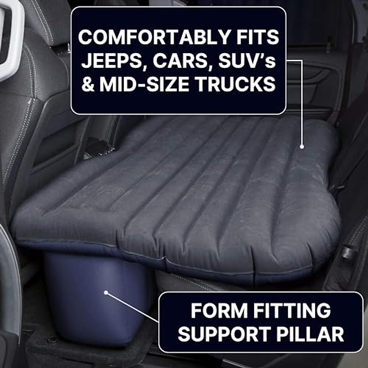 Pittman Outdoors AirBedz Inflatable PVC Rear Seat Air Mattress, Black - Mid-Size Fits Jeeps, Car, SUV’s & Mid-Size Trucks, Comes with Portable DC Air Pump
