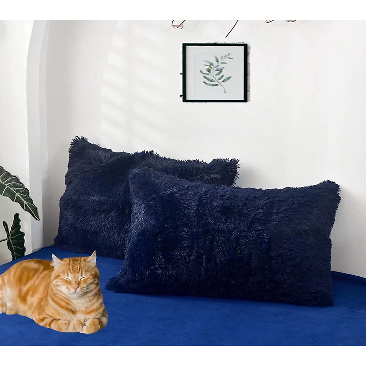 6Pcs Fluffy Faux Fur Duvet Cover Sets,Fuzzy Plush Shaggy Bedding Set(1Faux Fur Quilt Cover with Velvet Fabric Inner+1Flannel Flat Sheet+2 Shaggy Pillowcases+2 Heart Pillows) Zipper Closure Navy King