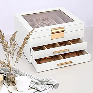 Zglori Jewelry Box, 3 Layers Jewelry Organizer with Glass Lid, 2 Drawers Jewelry Storage Case Holder for Women, Girls