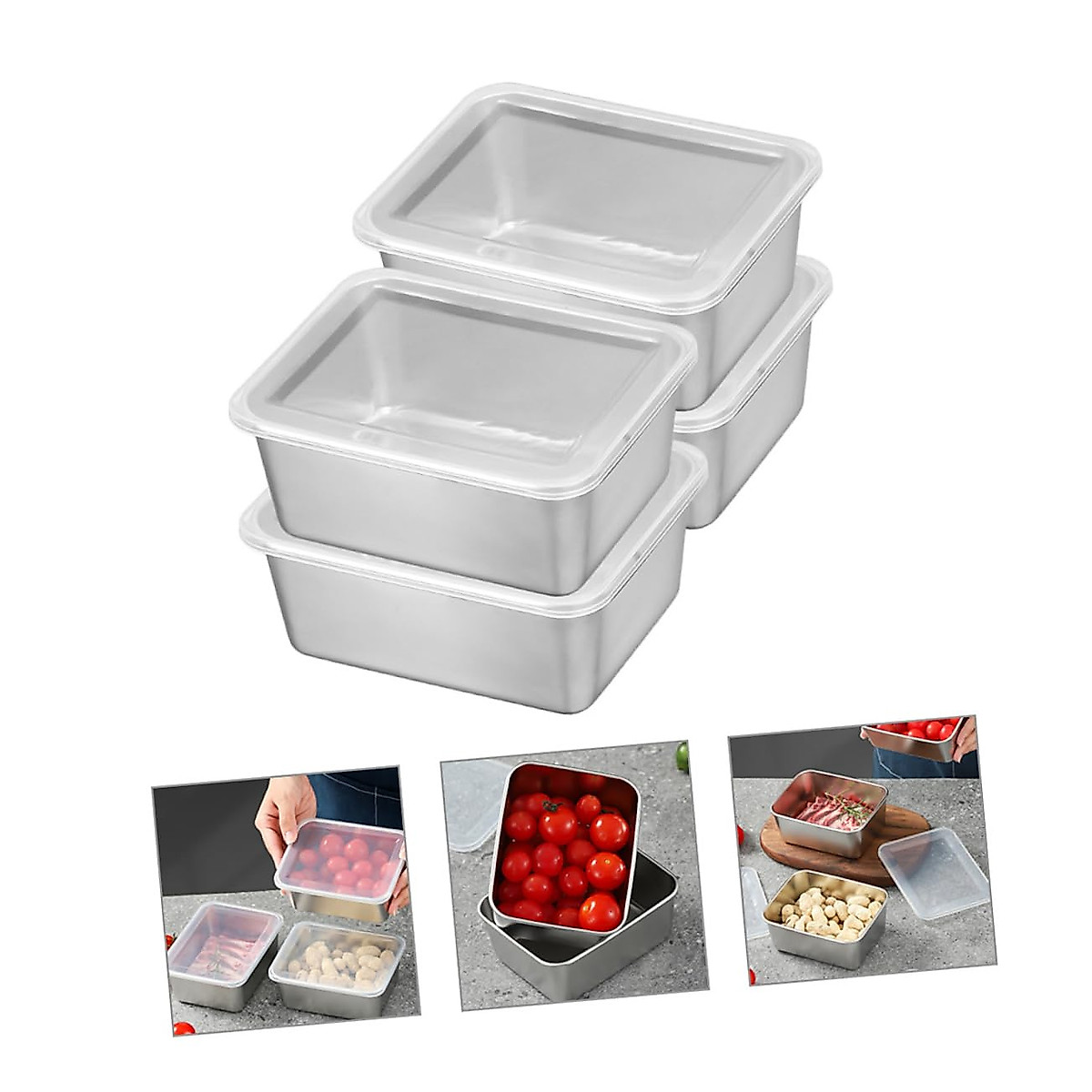 AUTSUPPL 4pcs Boxes Crisper Freezer Meal Prep Container Stainless Bread Lid Portable Refrigerator Fruit Containers for Fridge Keep Fresh Kimchi Container Sealing Food Boxes Stainless Steel