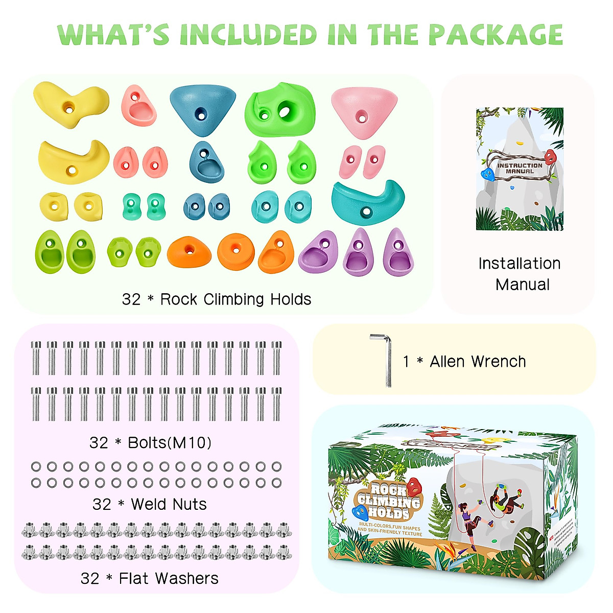 TOPNEW 32 Rock Climbing Holds Multi Size for Kids, Adult Rock Wall Holds Climbing Rock Wall Grips for Indoor and Outdoor Playground Play Set