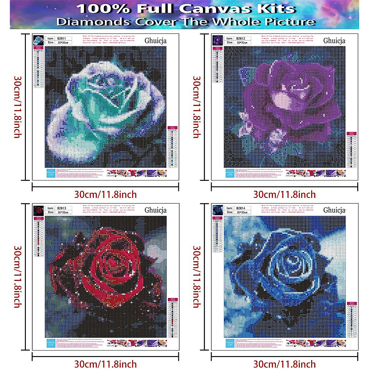 4 Pack Diamond Painting Kits for Adults 5D Rose Flower Diamond Art Kit for Beginners, DIY Paint with Round Full Drill Diamonds Paintings Gem Art for Christmas Home Wall Decoration Gift 11.8x11.8in