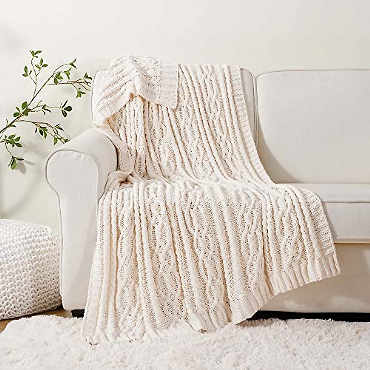Battilo Cream White Ivory Throw Blanket for Couch, 51x 67 Inch, Woven Chenille Knit Throw Blanket for Chair, Super Soft Warm Decorative Textured Throw Blanket for Bed, Sofa and Living Room.
