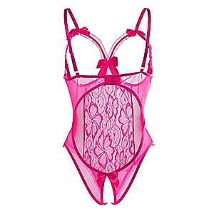 Women Sexy Teddy Lingerie One Piece Lace Babydoll Bodysuit Nightie Plus Size S-3XL (Medium, Rose Red)