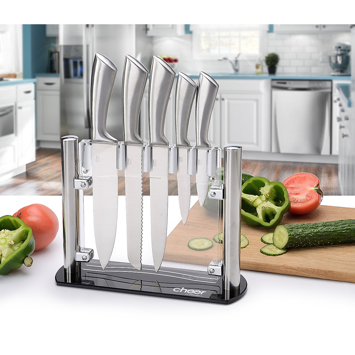 Cheer Collection Stainless Steel Chef Knife Set with Acrylic Stand (6-Piece) Professional Kitchen Utensils - Sharp Serrated and Standard Blades for Mincing, Chopping, Slicing