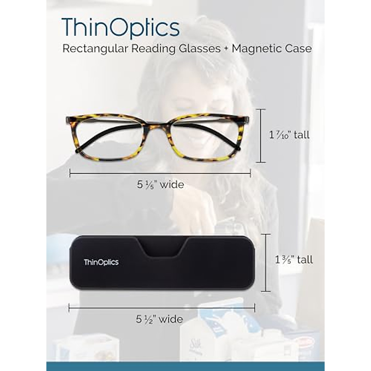 ThinOptics Unisex Adult Glasses Reading, Attachable Case / Rectangle Clear, 2.00 US