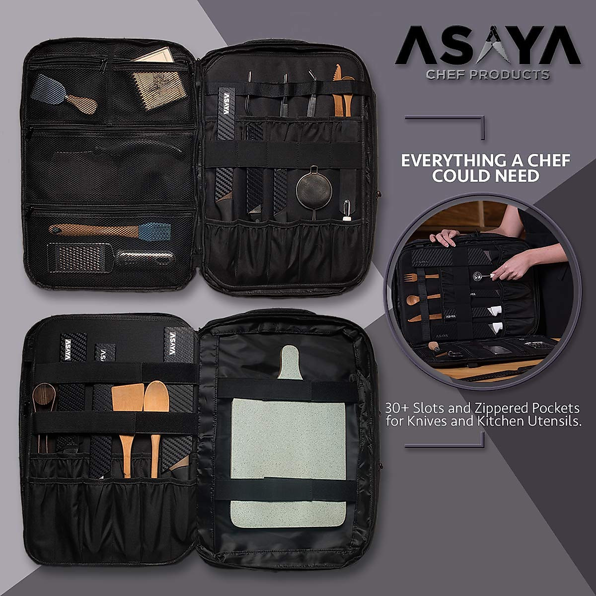 Asaya Chef Knife Backpack with 20 Pocket Knife Roll Bag - Over 30 Pockets for Knives and Kitchen Utensils - Stain Resistant Waxed Nylon - Padded for Extra Protection - Knives Not Included
