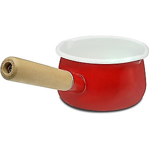 YumCute Home Enamel Milk Pan with Dual Pour Spout Butter Warmer Milk Pot for Stove Top Healthy White Enameled Inside Coating Iron 1QT Small Soup Pot with Wooden Handle Handy Pot (Red)