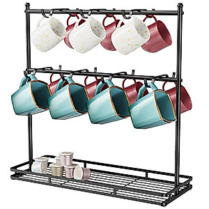 OROPY Coffee Mug Holder for Countertop, 14-Hook Mug Tree Rack for 14 Cups, 2 Tier Mug Display Stand with Heavy Duty Metal Base