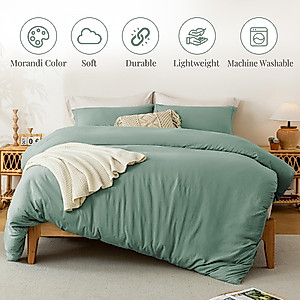 MILDLY Super Soft Duvet Cover - 100% Washed Microfiber Sage Green Comforter Cover Set 3 Pieces with Zipper Closure & Corner Ties (No Comforter)