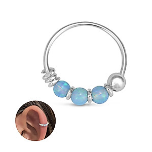 Handmade Silver Single 10MM Cartilgae Helix Piercing Hoop Earring with Trio Blue Opal, 925 Sterling Silver Very Small 10MM Thin 22Gauge Hoop for women, By Miya Jewelry