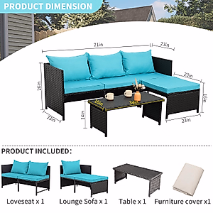 Valita 3-Piece Outdoor PE Rattan Furniture Set Patio Black Wicker Conversation Loveseat Sofa Sectional Couch Turquoise Cushion