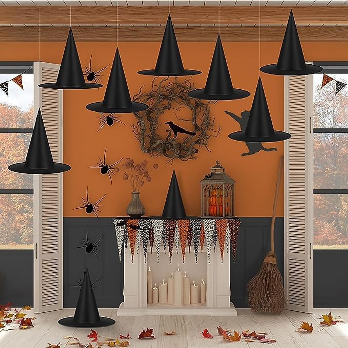 LANLV Halloween Costume Witch Hat Set - 10 Pieces Black Witches Hats with 100 Yards Hanging Rope for Party Yard Decoration