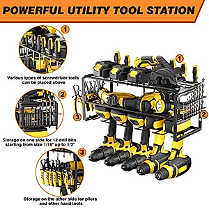 Power Tool Organizer Wall Mount, 5 Slot Cordless Drill Holder Battery Charging Station Storage Rack, Multi-function Garage Pegboard Tool Organizer for Tidying Up Parts Bin, Wrench, Pliers, Screwdrivers, Bit