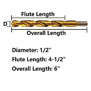 VALYRIANTOOL Titanium Drill Bit Set 5PCS 1/2" HSS Jobber Drill Bits, Premium 4341 High Speed Steel Drill Bits Set with 3/8" Reduced Shank for Drilling on Mild Steel, Copper, Aluminum (1/2"(5PCS))