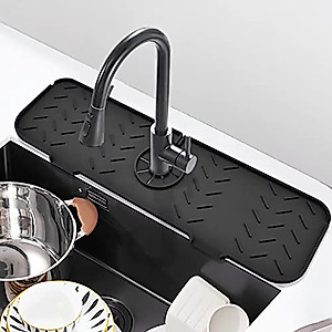 Burfocus Silicone Faucet Mat , Sink Splash Guard, Silicone Faucet Handle Drip Catcher Tray, Sponge Holder Sink Protector for Kitchen Bathroom Farmhouse & RV Sink Accessories (Black (19.7" x 5.6"))
