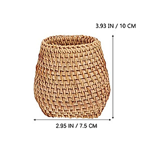 Operitacx Woven Pen Container Rattan Pencil Holder Wicker Pen Cup Rattan Vase Makeup Brushes Holder Desktop Sundries Organizer Container Box for Office Home Utensil Cutlery
