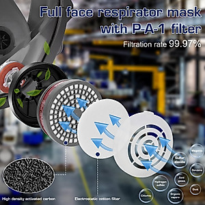 LQIQIZ Reusable Full Face Respirator Mask, Gas Mask Survival Nuclear and Chemical w/Activated Carbon Filter for Painting Dust (6800 with P-A-1 Filter and 2097 Filters)