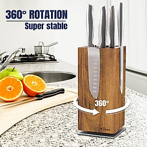 Dmore magnetic knife block without knives, 360° rotatable magnet knife holder stand made of fine acacia wood, Extra Large capacity knife storage for knives and utensils for kitchen counter top