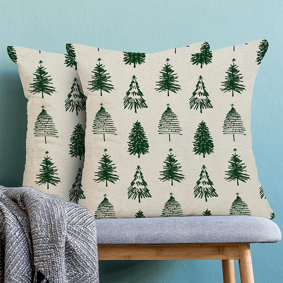 AEIOAE Christmas Pillow Covers 18x18 Inch Set of 2 Green Christmas Trees Throw Pillows Case,Holiday Outdoor Decorative Farmhouse Winter Decor Cushion Covers for Home Sofa Bed Couch